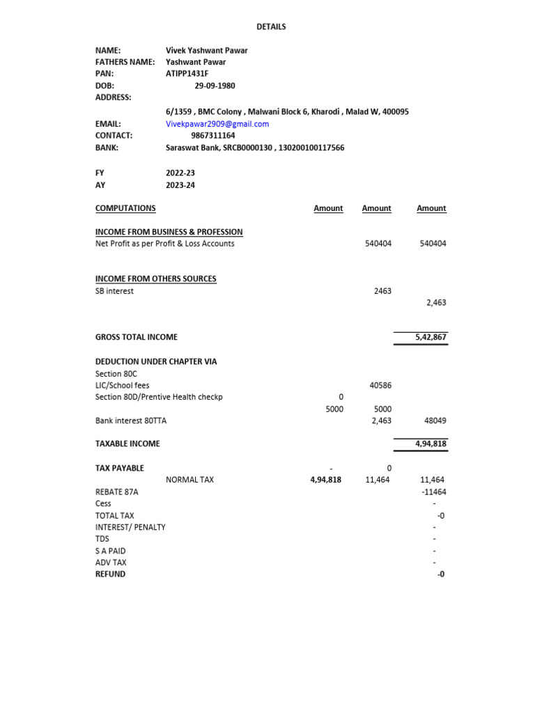 Tax Computation for Vivek Pawar 2023 | PDF | Finance & Money Management