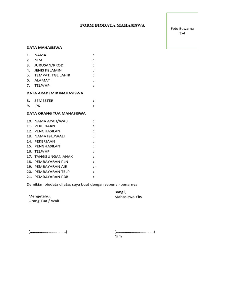 Form Biodata Mahasiswa Pengajuan Beasiswa | PDF