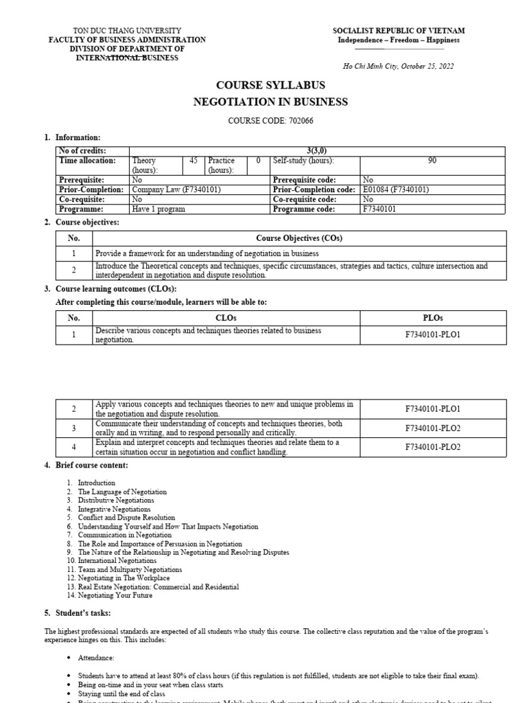 Business Negotiation Course Syllabus | PDF | Negotiation | Cognition