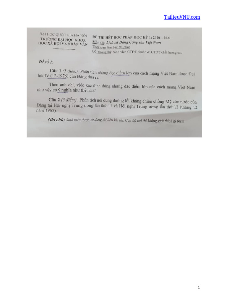 Đề thi Lịch sử Đảng Cộng sản Việt Nam đề số 1 kỳ 1 năm học 2020-2021 - USSH | PDF
