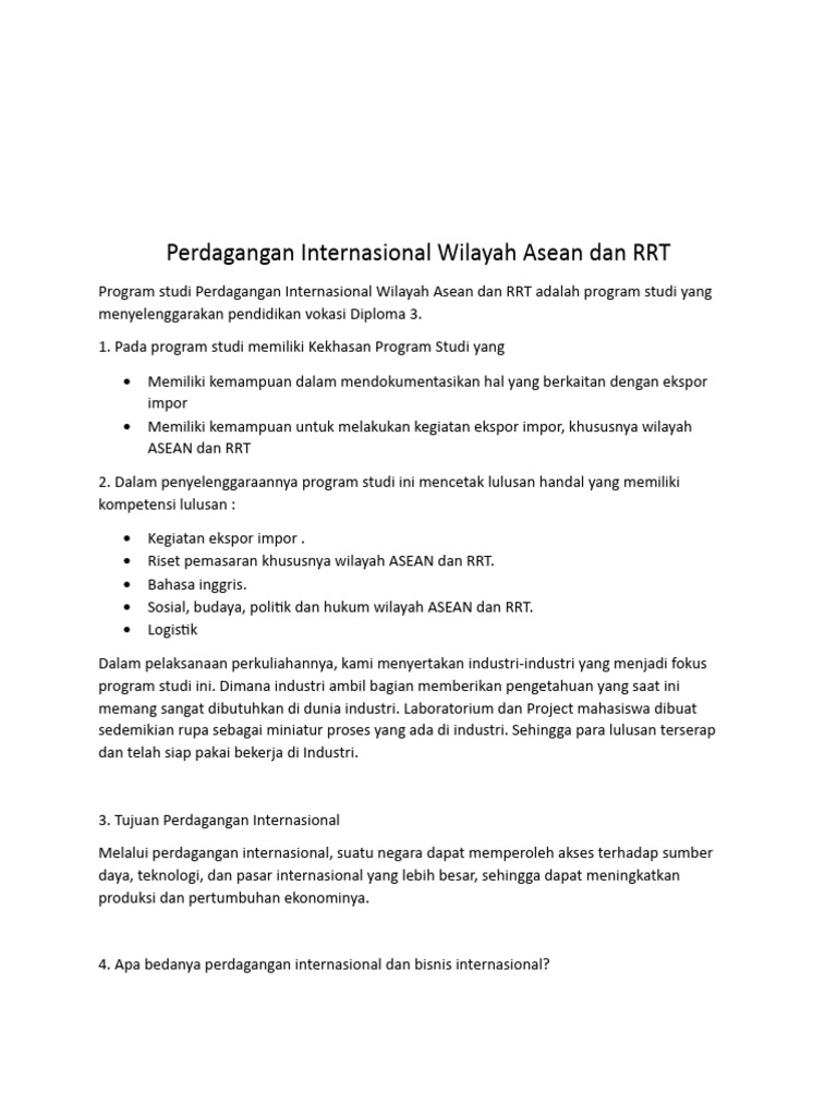 Perdagangan Internasional Wilayah Asean Dan RRT | PDF