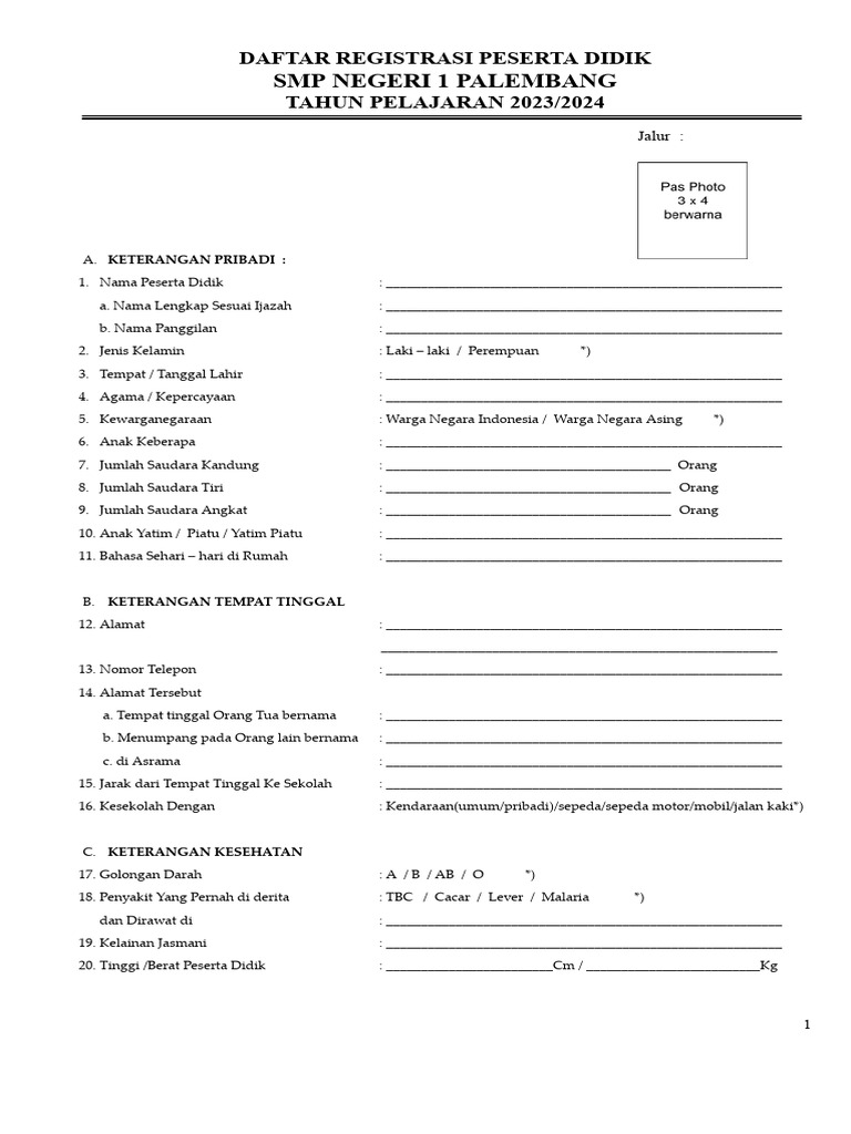 Formulir Daftar Registrasi Peserta Didik Baru Tahun 2023-2024 | PDF