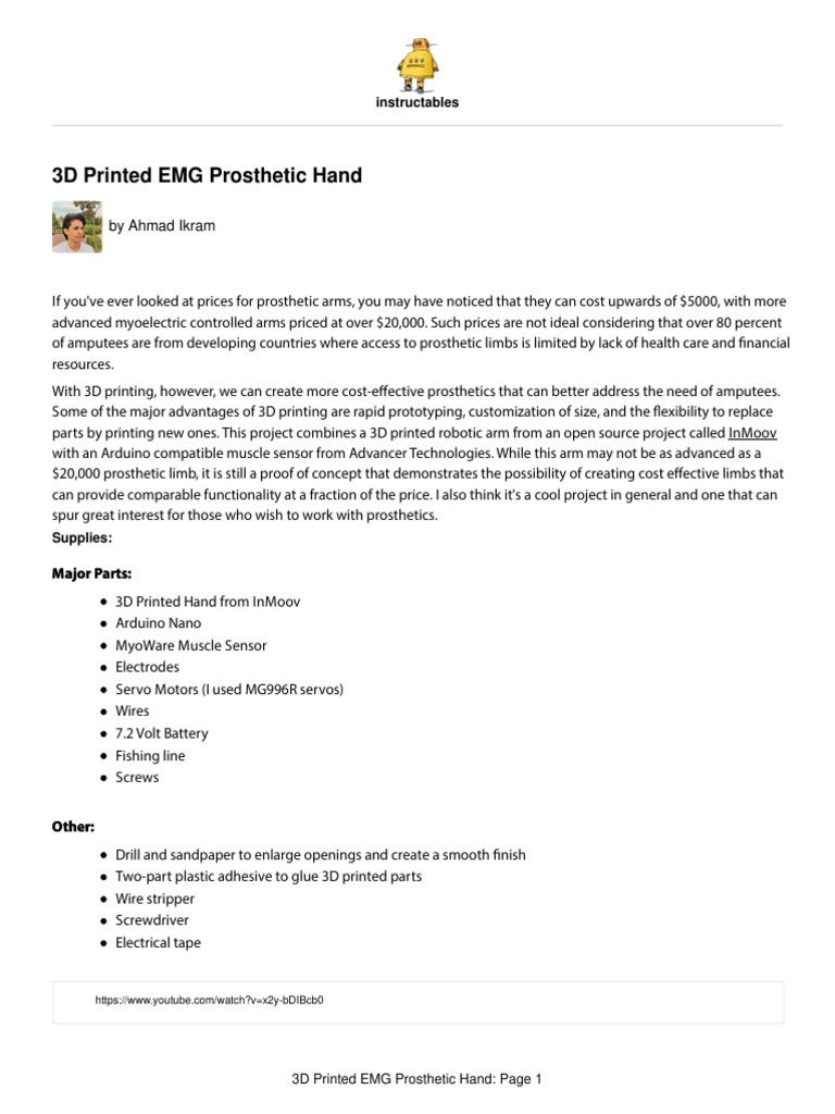 3D Printed EMG Prosthetic Hand | PDF | Electromyography | Prosthesis