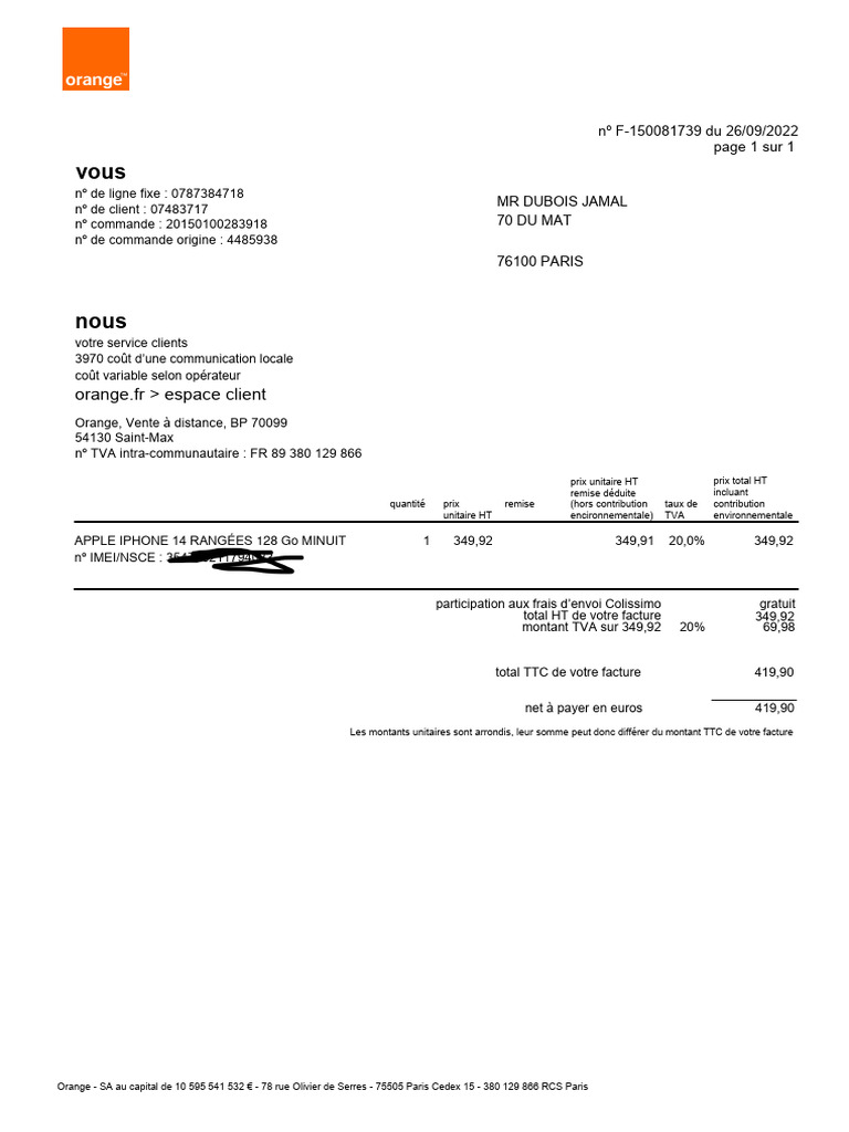 Facture Orange : iPhone 14 et détails | PDF | Taxe sur la valeur ...