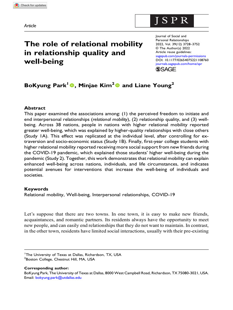 The Role of Relational Mobility in Relationship Quality and Well-Being ...