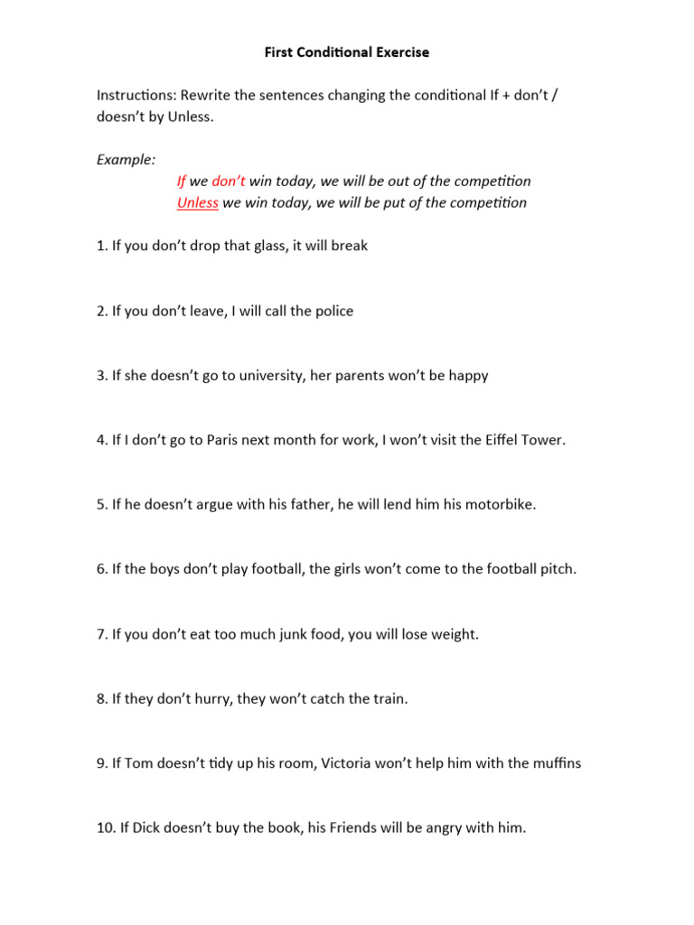 First Conditional Exercise If To Unless | PDF