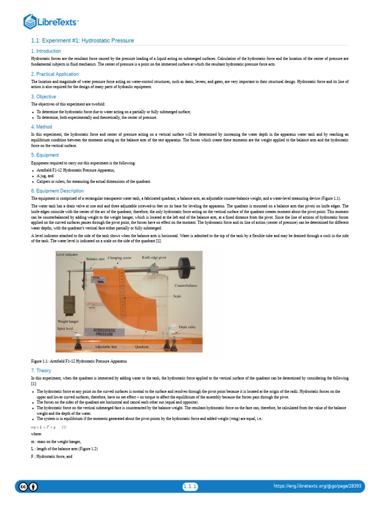 01.1 Experiment #1 Hydrostatic Pressure | PDF | Pressure | Force