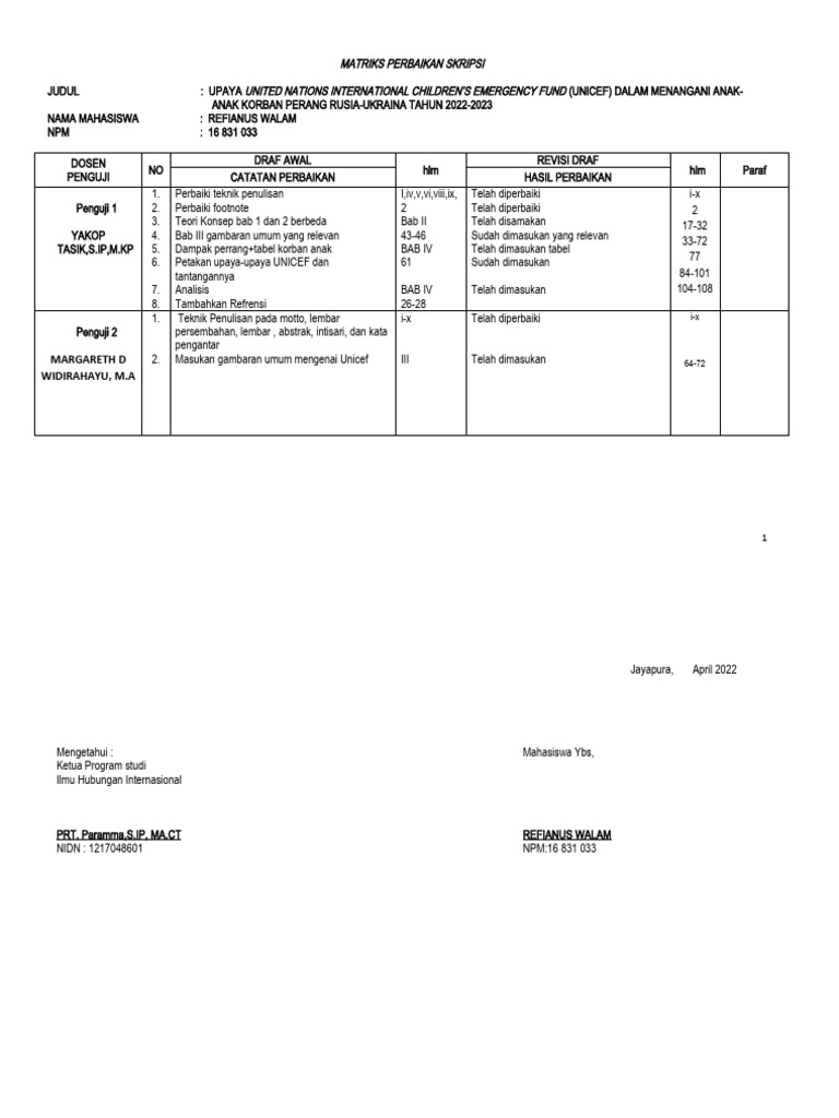 Matriks Perbaikan Proposal | PDF