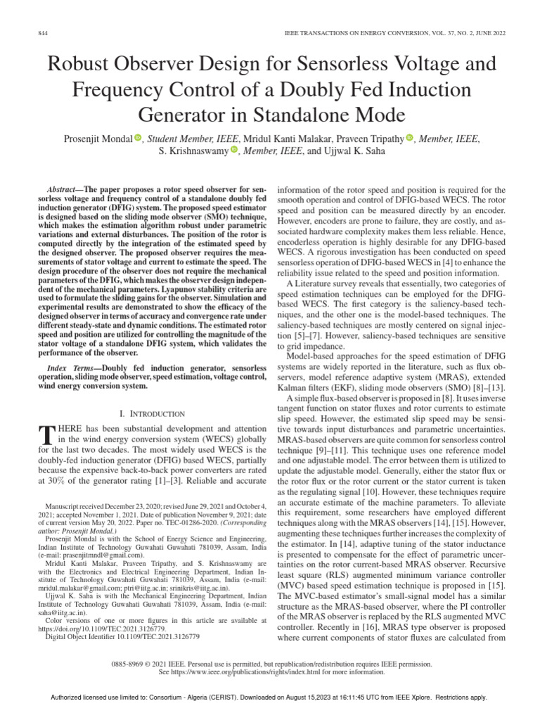 Robust Observer Design For Sensorless Voltage and Frequency Control of ... Robust Observer Design For Sensorless Voltage and Frequency Control of ...