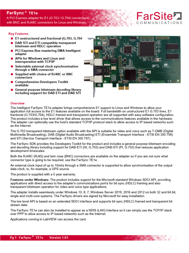 FarSync TE1e E1 PCIe Adapter Datasheet | PDF | Linux | Computer Network