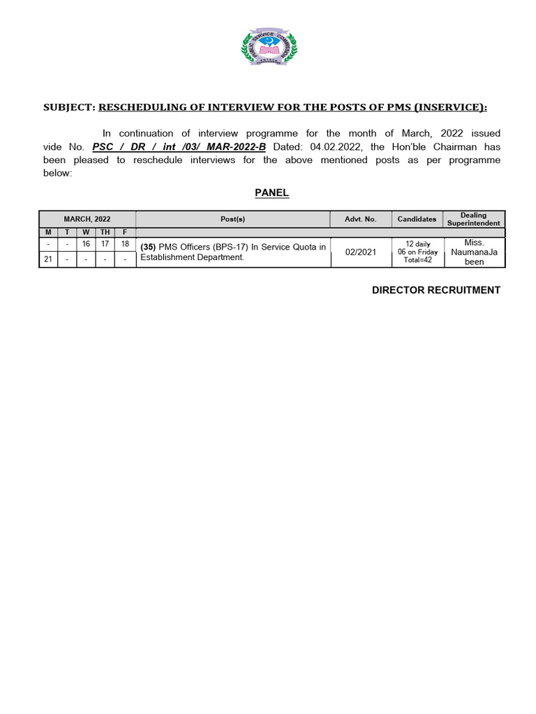 PMS in Service Interview Schedule March 2022 Reschedule | PDF