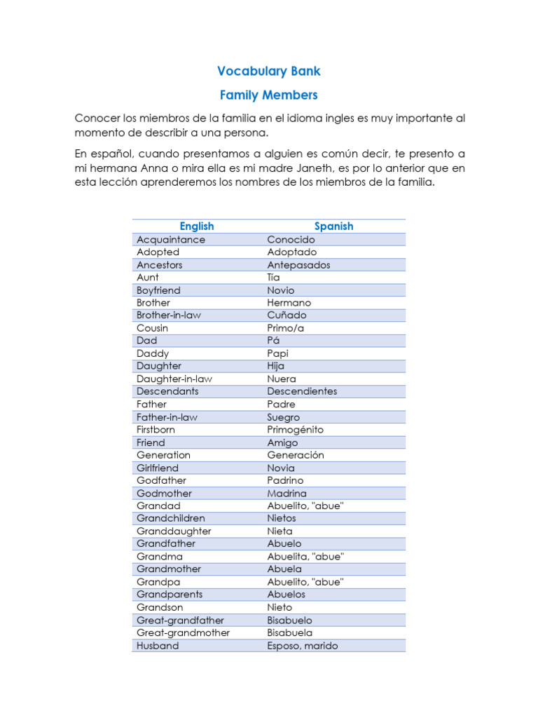 Vocabulary Bank Family Members | PDF