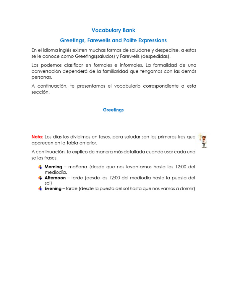 Vocabulario de Saludos y Cortesía en Inglés | PDF | Artes del Lenguaje ...