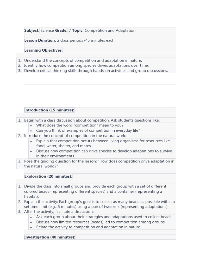 Competion and Adaptation - Lesson Plan | Download Free PDF | Adaptation ...
