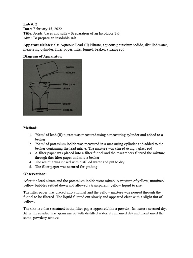 Lab #2 - Acids, Bases and Salts - Preparation of An Insoluble Salt ...