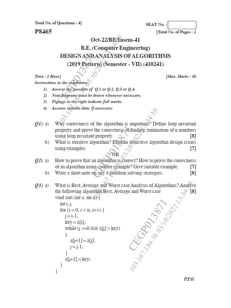 BE COMP - Design and Analysis of Algorithms | PDF | Algorithms | Computer Science
