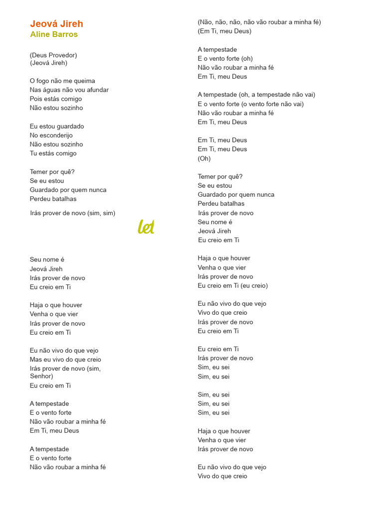 JEOVÁ JIREH - Aline Barros word | PDF
