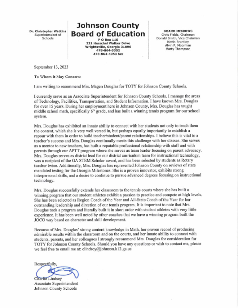 Magen Douglas Recomendation Letter TOTY | PDF