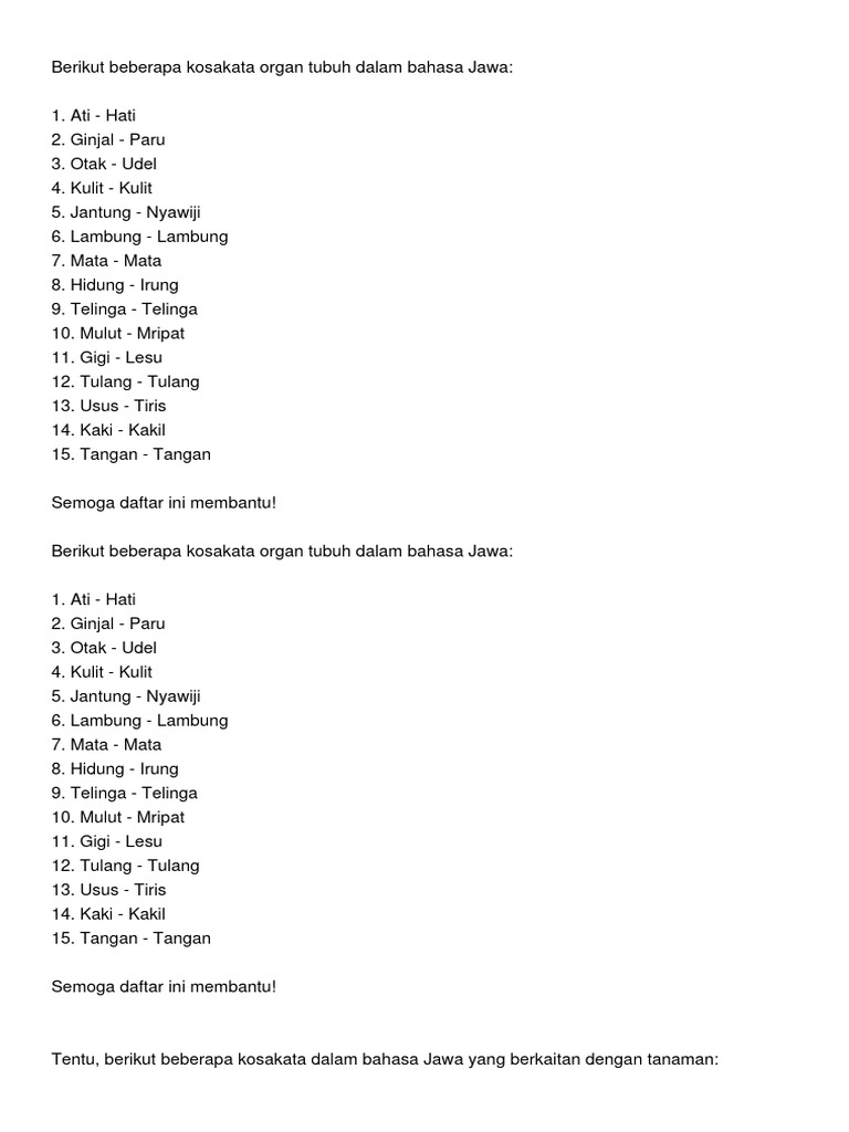 Kosa Kata Bahasa Jawa Organ Tubuh | PDF | Kesehatan Holistik
