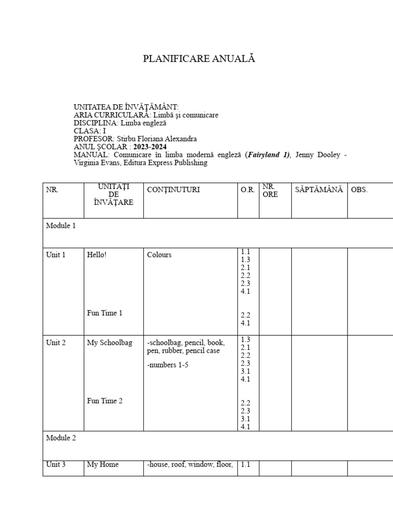 Annual Plan for Fairyland 1 English | PDF
