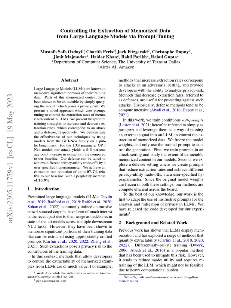 Controlling The Extraction of Memorized Data From Large Language Models Via Prompt-Tuning ...