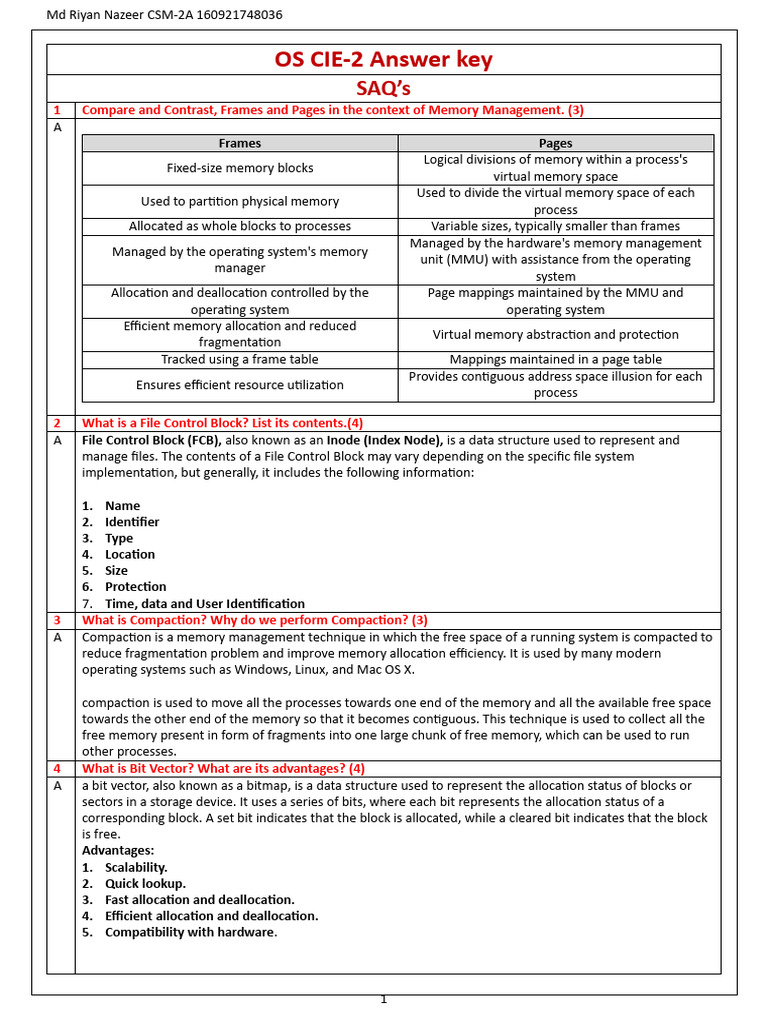 OS CIE-2 Answer Key: SAQ's | PDF