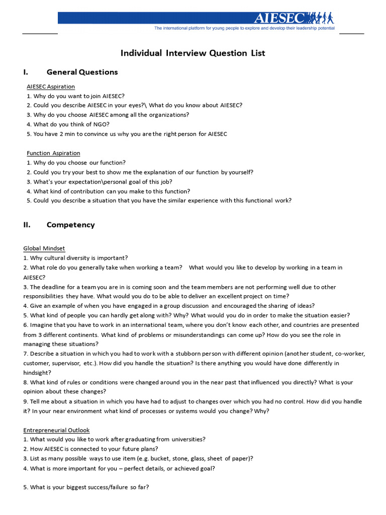 Individual Interview Question List | PDF | Leadership | Experience