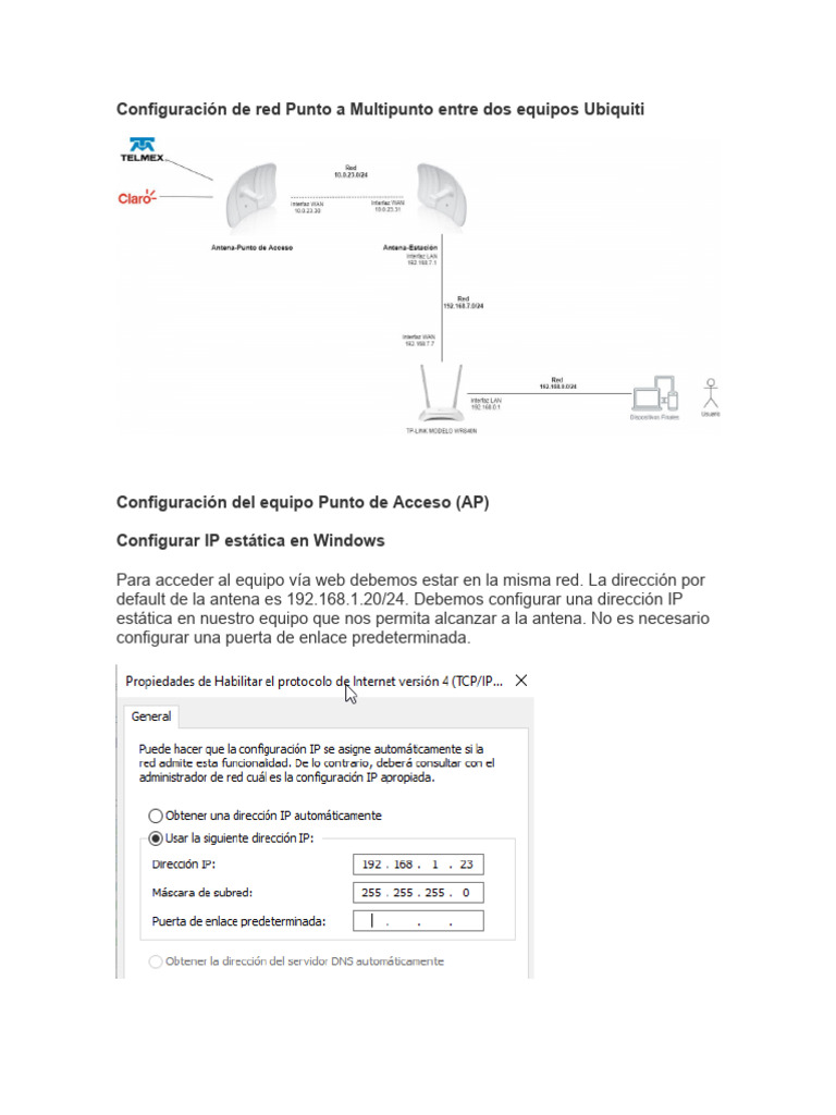 Configuración de Red Punto A Punto Entre Dos Equipos Ubiquiti | PDF | Dirección IP | Punto de ...