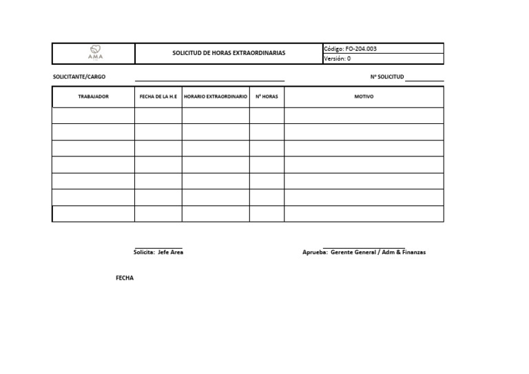 FO-204.003v0 - Solicitud Horas Extras | PDF