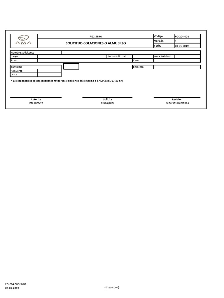 FO-204.008v1 - Solicitud de Colaciones | PDF