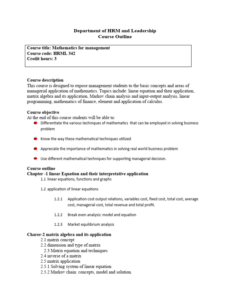 Mathematics for Management Course Outline | PDF | Mathematics | Calculus