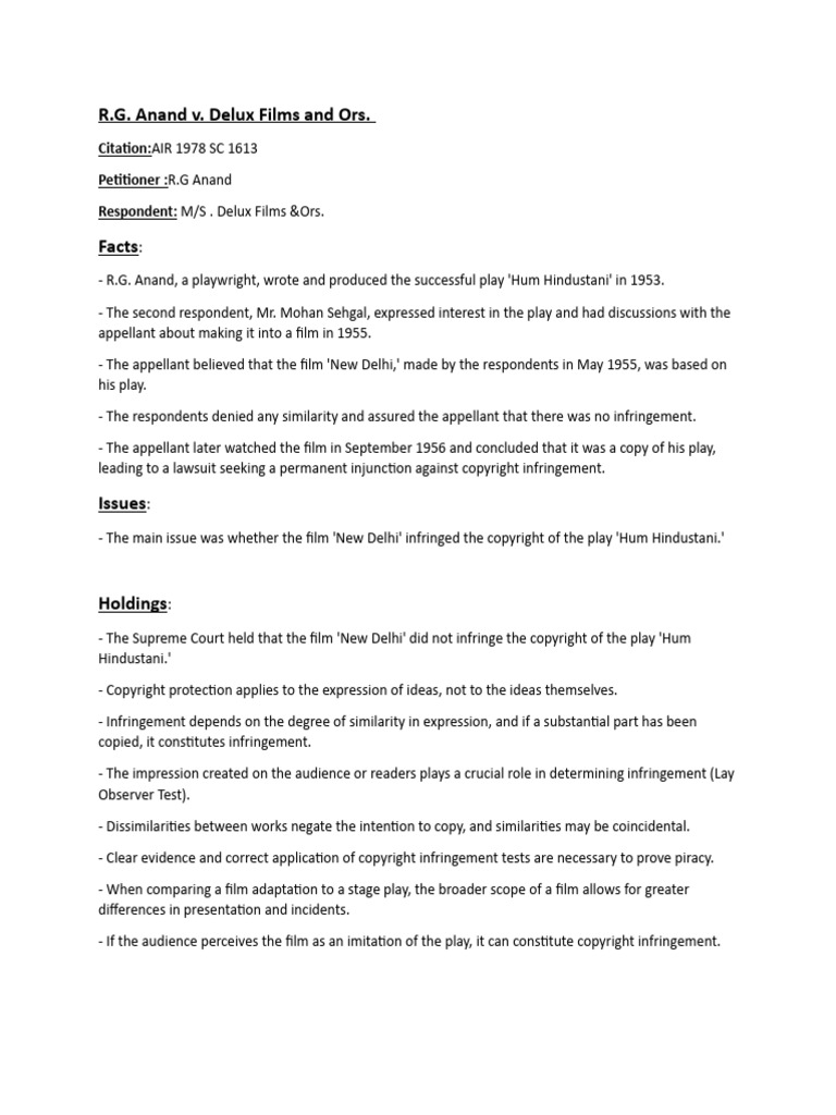 R.G. Anand v. Delux Films and Ors. | PDF | Copyright Infringement | Copyright