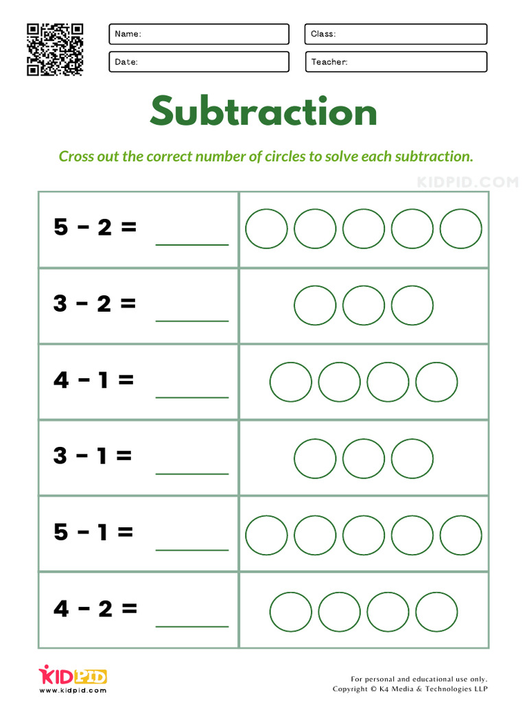 Green Simple Kindergarten Subtraction Assignment Worksheet | PDF