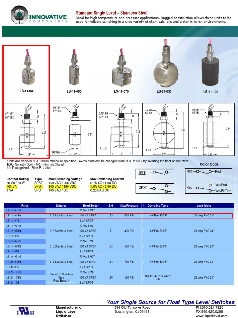 Switch Level 100 Va SPST 316 Ss Innovative Components PN Ls-11-043-4 ...