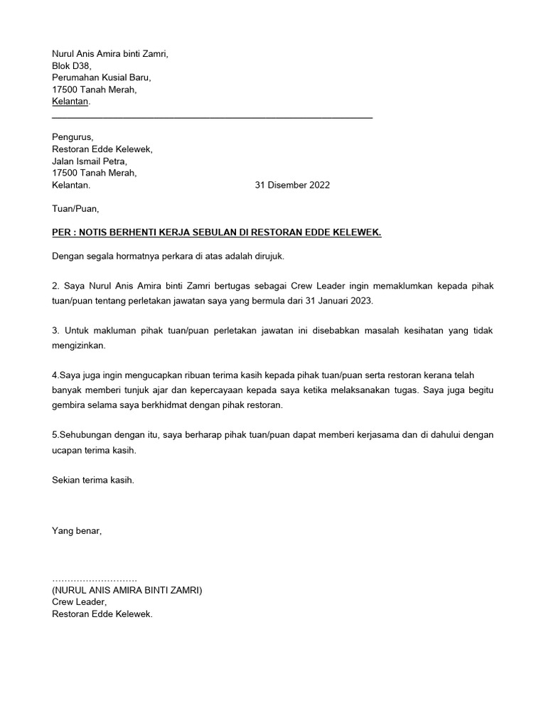 Contoh Surat Berhenti Kerja Hotel Dengan Notis Sebulan 2 | PDF