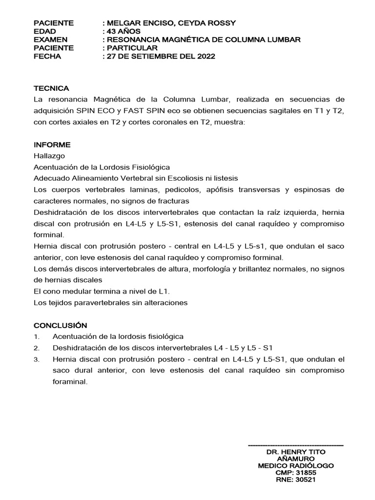 Informe de Resonancia Magnetica Resodunas de Columna Lumbar | Descargar ...