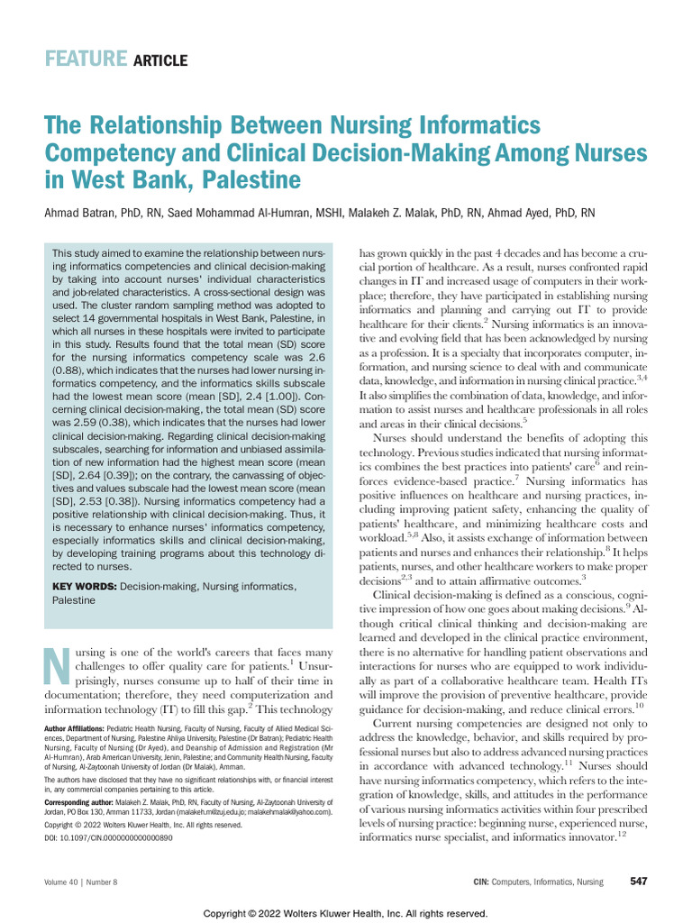 The Relationship Between Nursing Informatics Competency and Clinical Decision-Making Among ...