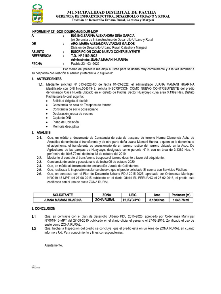 Inf 121-2022 Insc. Nuevo Contribuyente Juana Mamani Huarina | PDF | Datos geográficos e ...