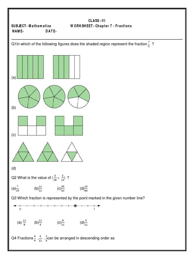 CBSE Class 6 Fractions Worksheet | PDF