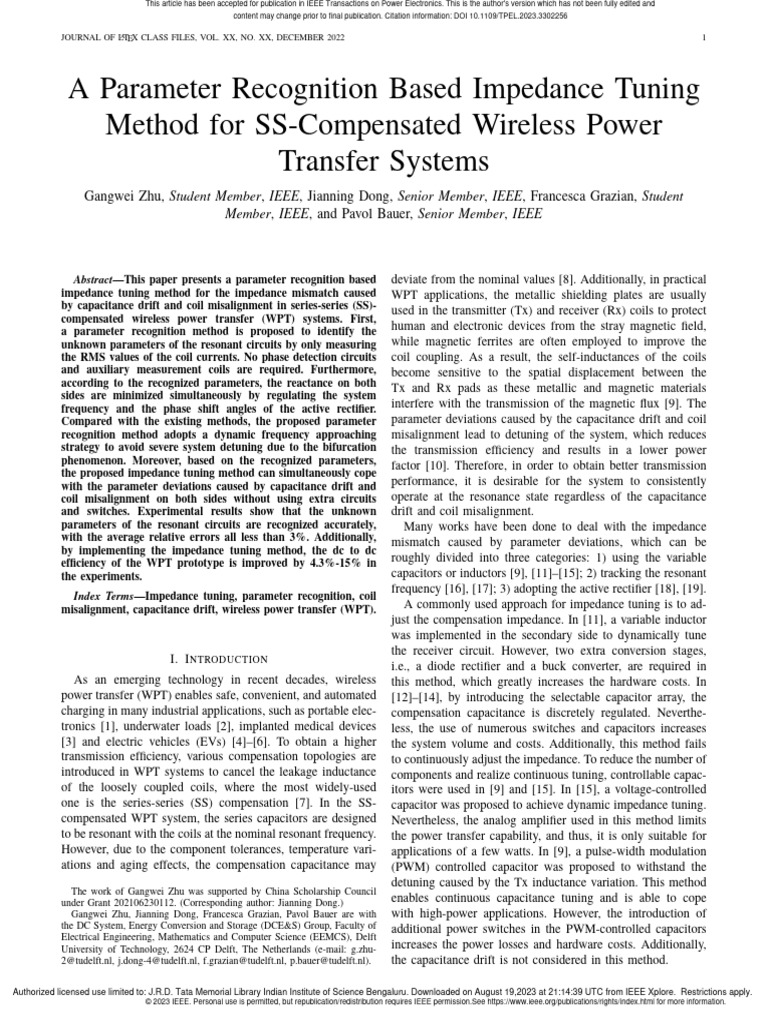 A Parameter Recognition Based Impedance Tuning Method For SS-Compensated Wireless Power Transfer ...