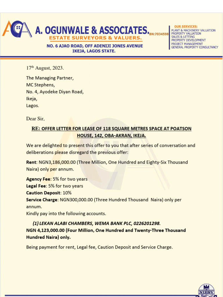 Offer Letter For Poatson House Office Space 1 | PDF