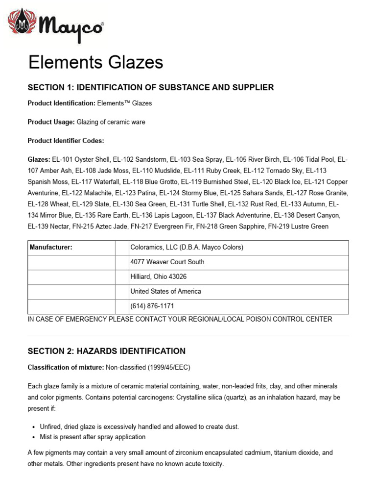 Mayco Msds Elements Glazes | PDF | Toxicity | Water