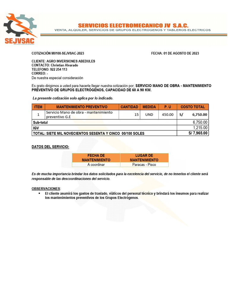 Cot-M00108 Mano de Obra - G.E - Agro Inversiones Los Abedules S.A.C. | PDF