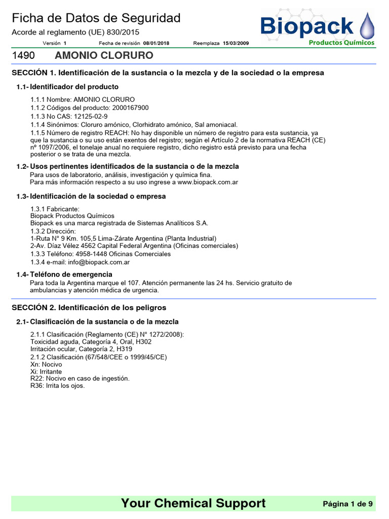 Cloruro de Amonio MSDS | PDF | Agua | Combustión
