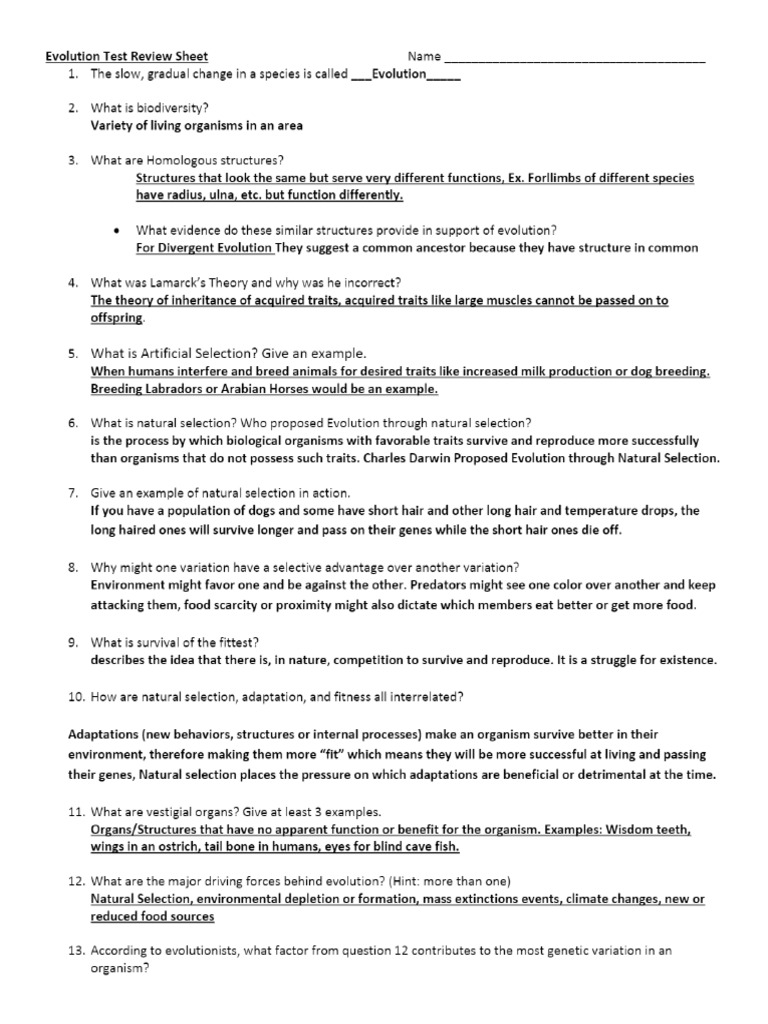 Evolution Test Review Sheet | PDF