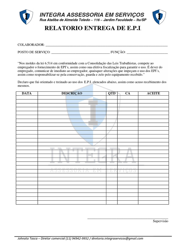 Relatório de Entrega EPI | PDF