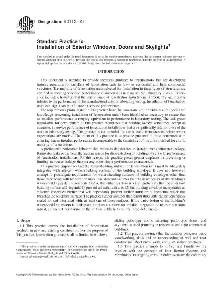 Installation of Exterior Windows, Doors and Skylights: Standard Practice For | PDF | Window | Door