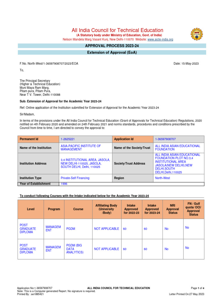 AICTE Approval Letter 2023 24 | PDF | Justice | Crime & Violence