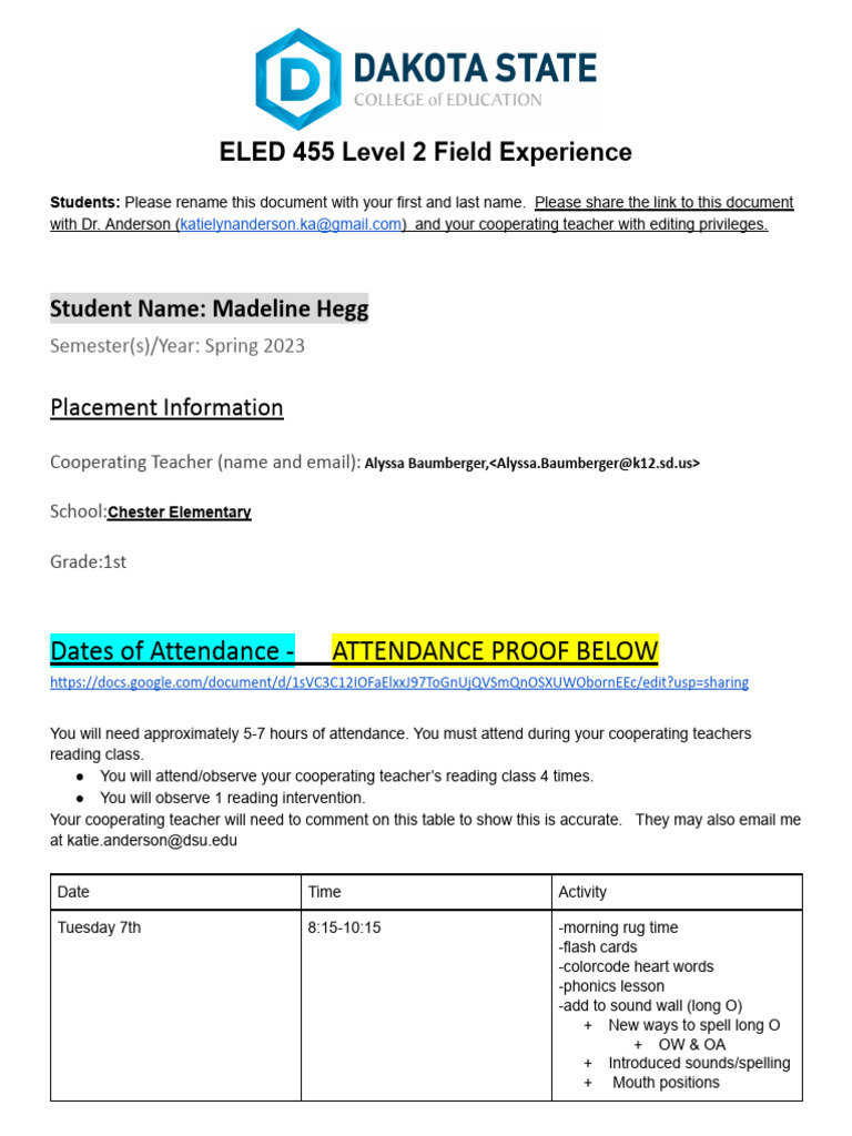 Madeline Hegg f2f Eled 455 Field Experience Documentation 1 | PDF