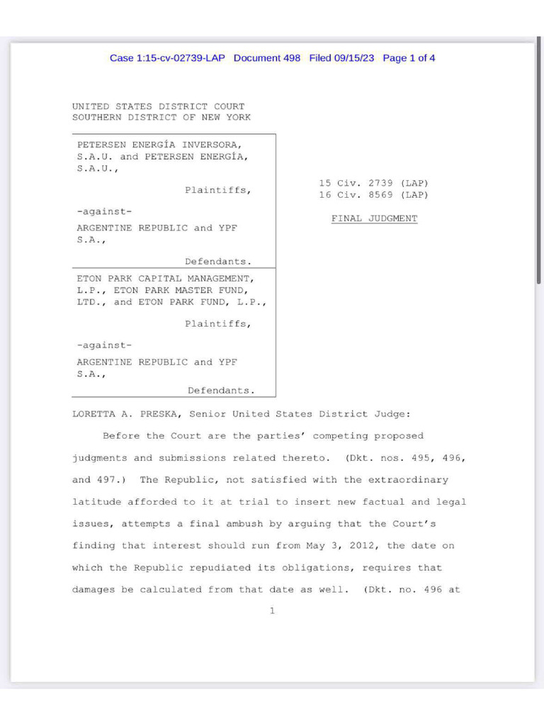 El Fallo de La Jueza Loretta Preska | PDF